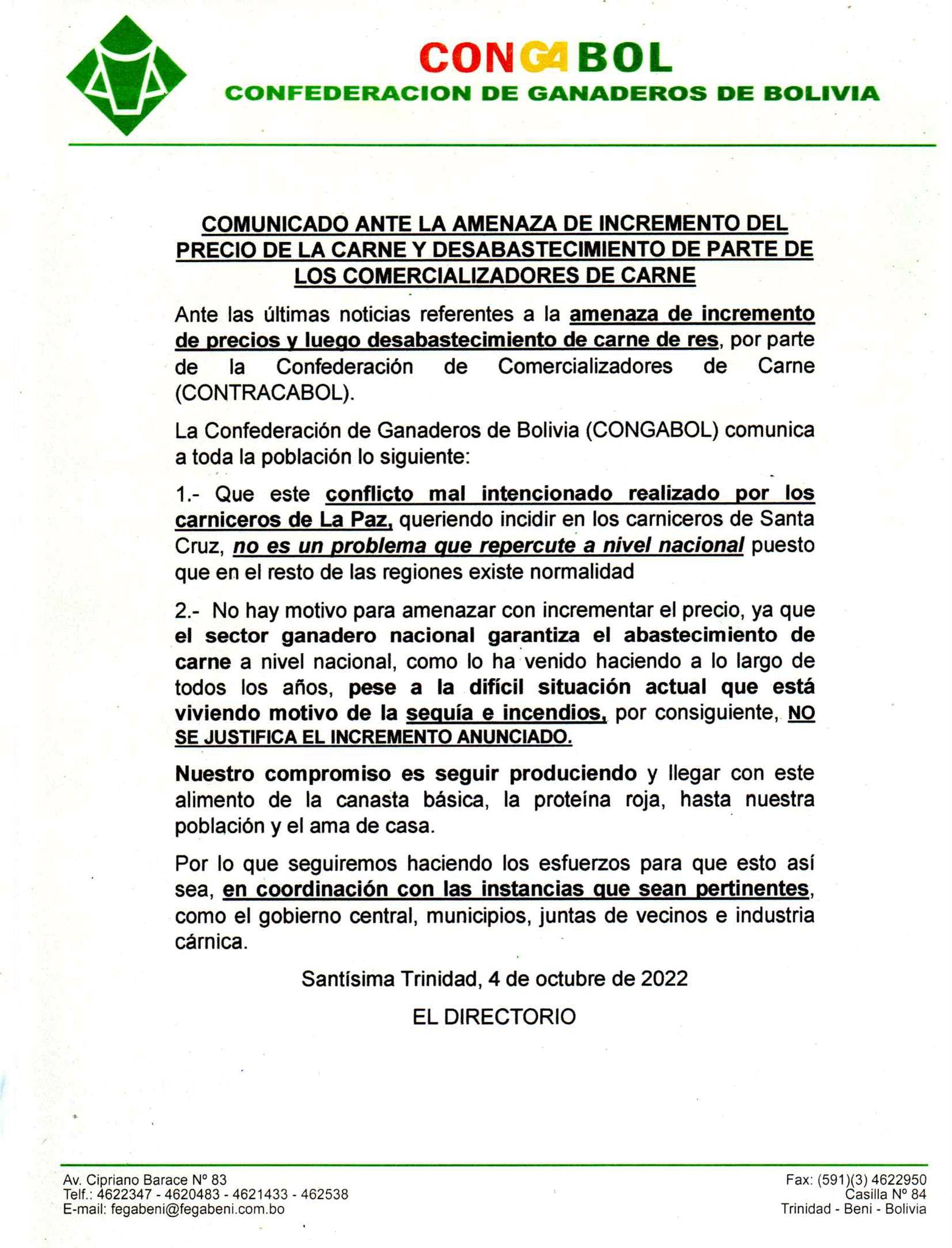 Comunicado Congabol – PRO-BOLIVIA