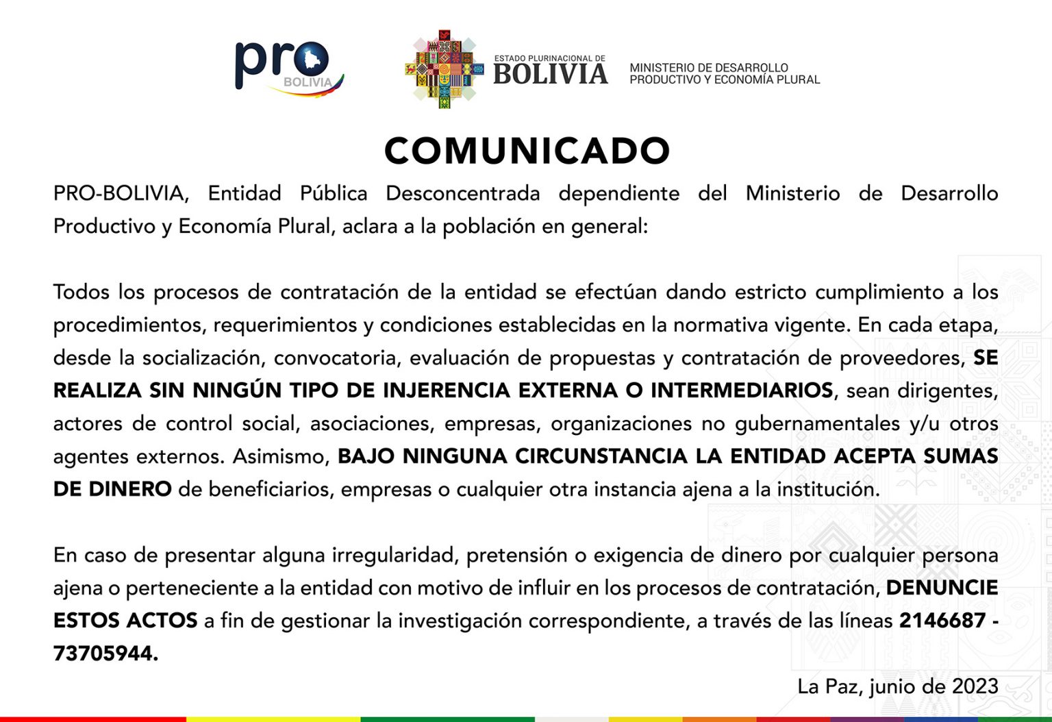 PRO-BOLIVIA – Entidad Pública Desconcentrada PRO-BOLIVIA