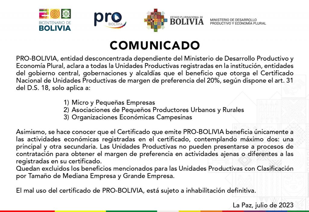 COMUNICADO MARGEN DE PREFERENCIA PRO-BOLIVIA – PRO-BOLIVIA