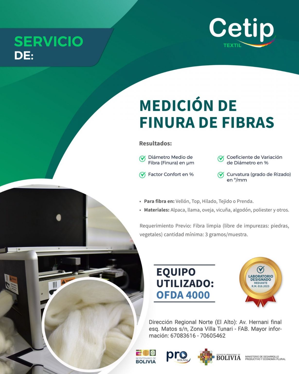 CETIP TEXTIL EL ALTO BRINDA SERVICIOS DE MEDICIÓN DE FINURA DE FIBRAS A ...